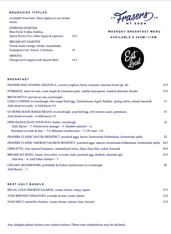 Menu at Frasers desserts, Auckland, 434 Mount Eden Rd