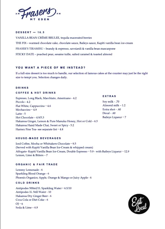 Menu at Frasers desserts, Auckland, 434 Mount Eden Rd