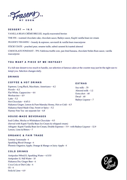 Menu at Frasers desserts, Auckland, 434 Mount Eden Rd