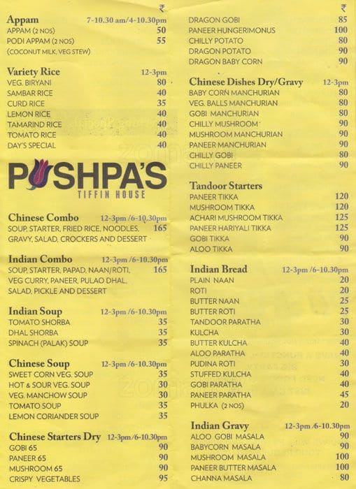 Menu at Pushpas, Chennai, 28, Erikarai Street, Adambakkam