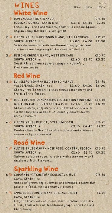 Menu at Indaba restaurant, Edinburgh