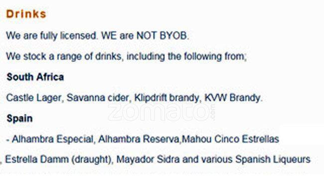 Menu at Indaba restaurant, Edinburgh