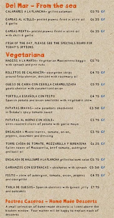 Menu at Indaba restaurant, Edinburgh