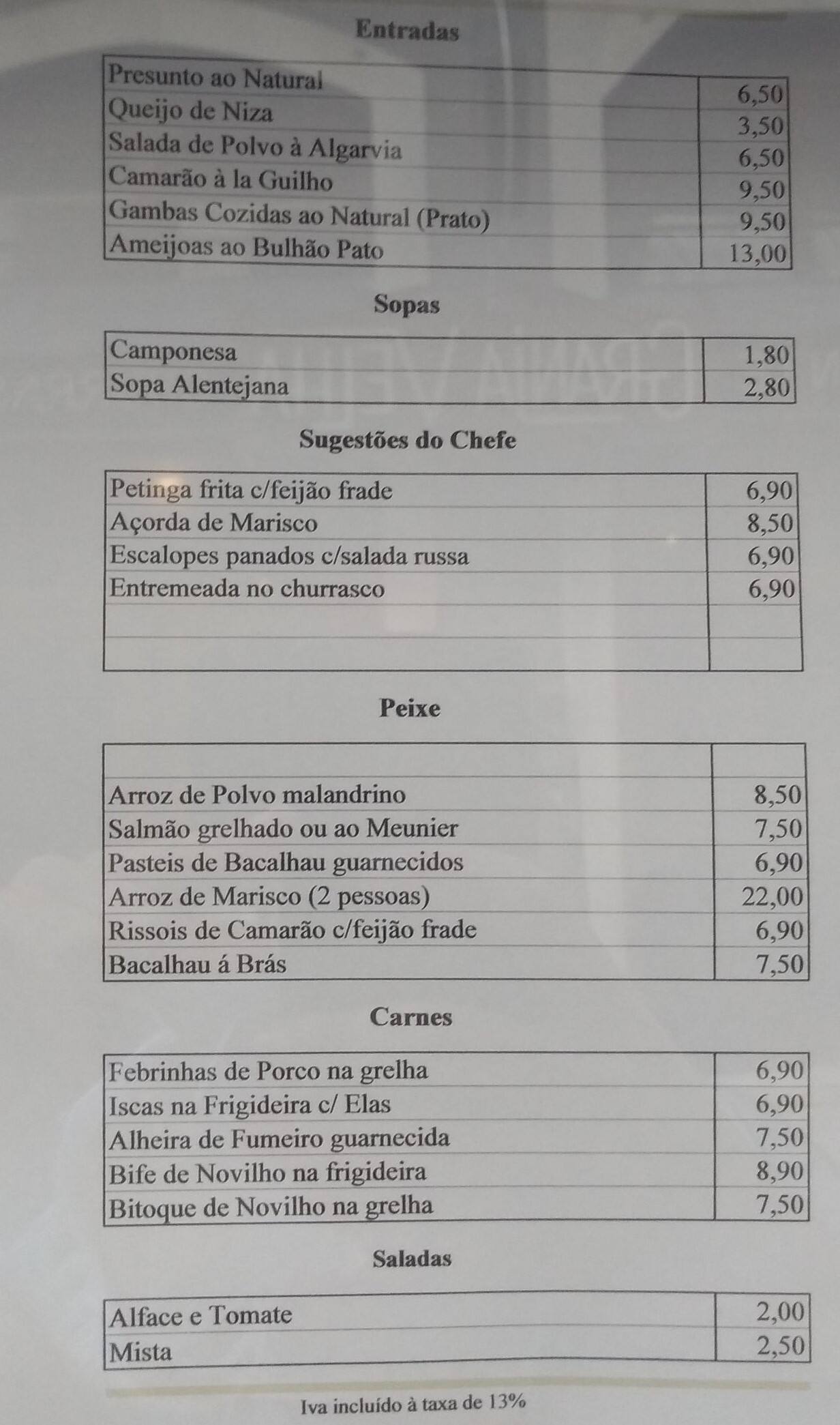 Menu at Restaurante Dois Arcos, Lisbon