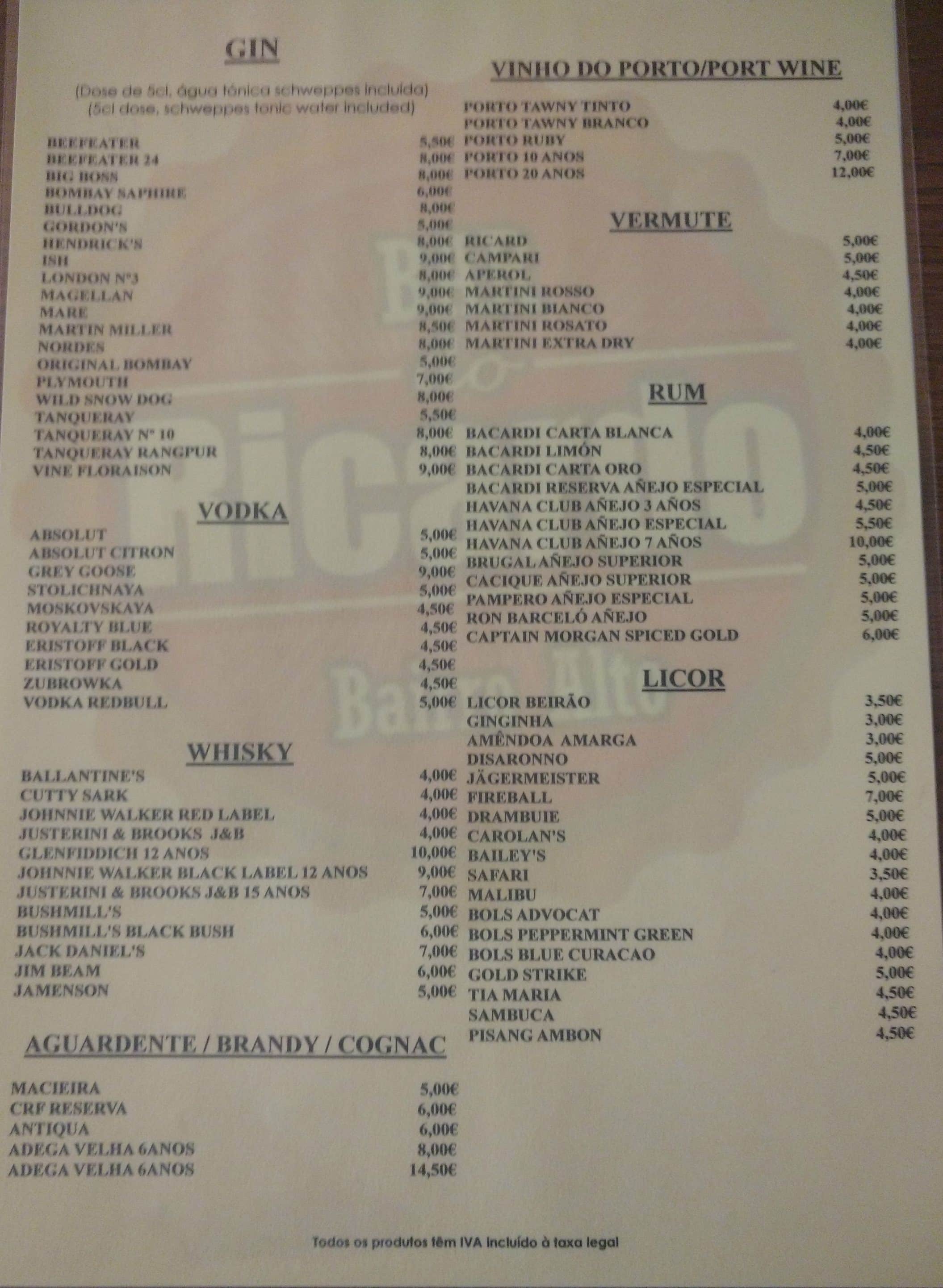 Menu at Ricardo Bar, Lisbon