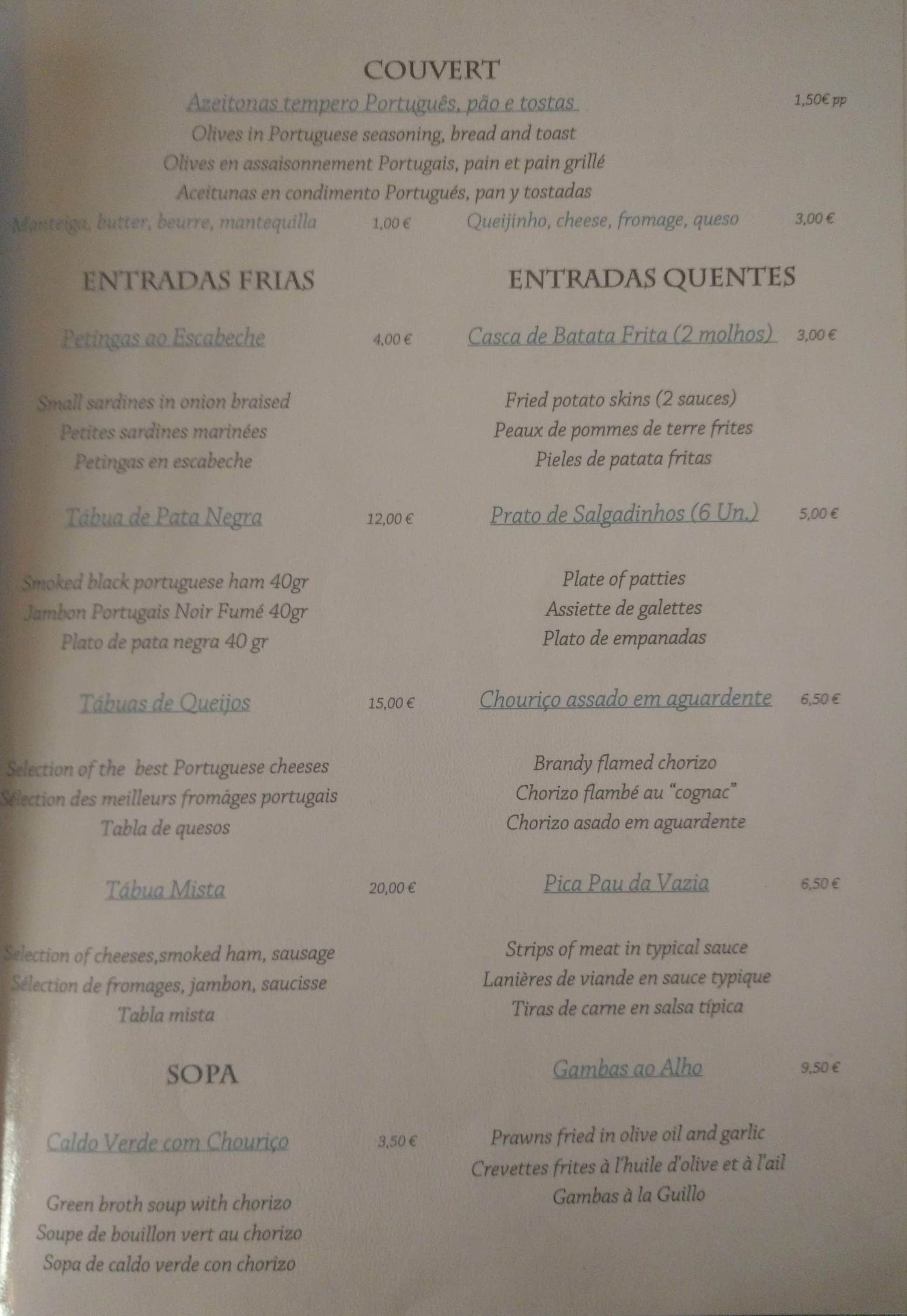 Menu at Ricardo Bar, Lisbon