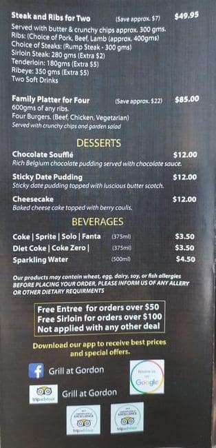 Menu at Grill @ Gordon steakhouse, Gordon