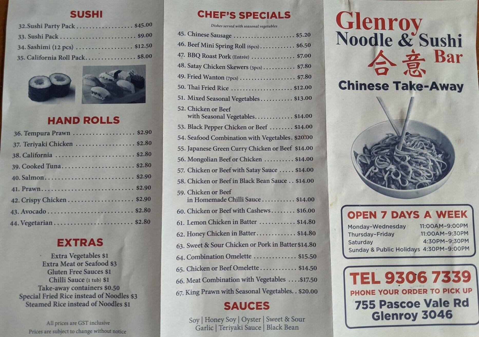 Menu at Glenroy Noodle and Sushi Bar, Glenroy