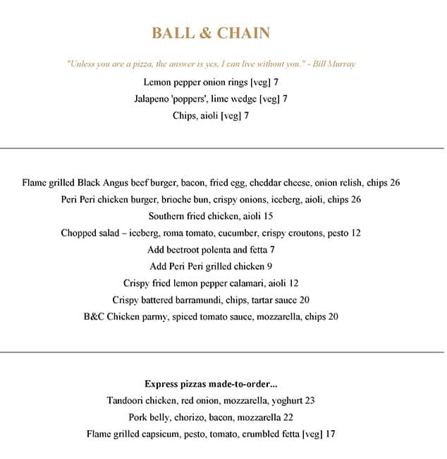 Menu at Ball & Chain pub & bar, Fremantle, Marine Terrace