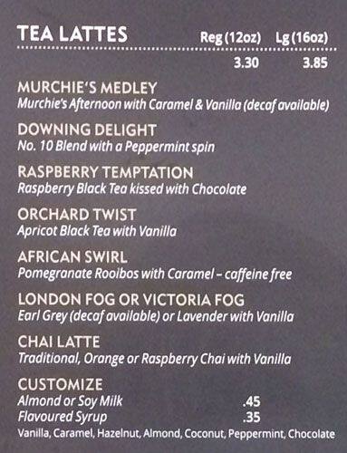 Menu at Murchie's Fine Tea & Coffee - UBC, Vancouver, Wesbrook Mall