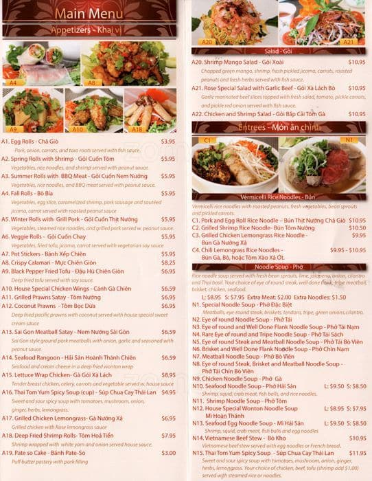 Menu at Rose Pho restaurant, Normandy Park