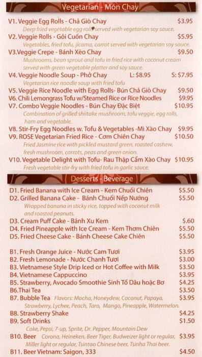 Menu at Rose Pho restaurant, Normandy Park