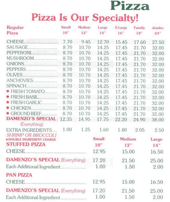 Menu at Damenzo's Pizza pizzeria, Chicago, S Halsted St