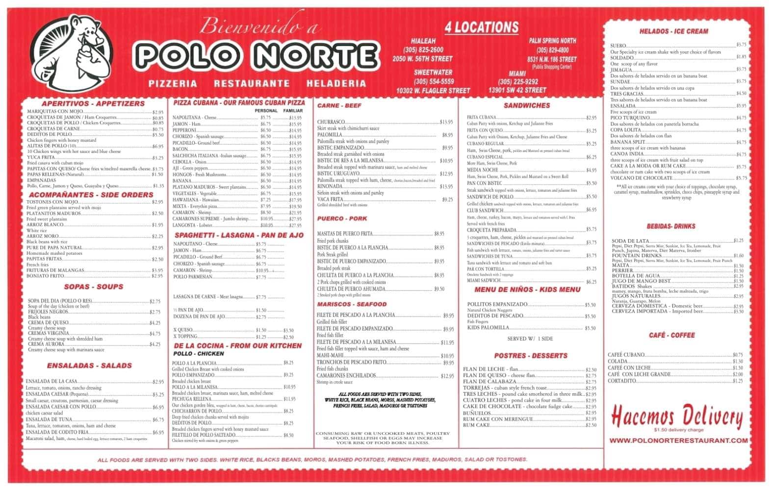 Menu at Polo Norte Hialeah pizzeria, Hialeah, 2050 W 56th St