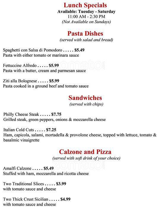 Amalfi Pizza & Pasta Officer Menu at Erika Nelson blog
