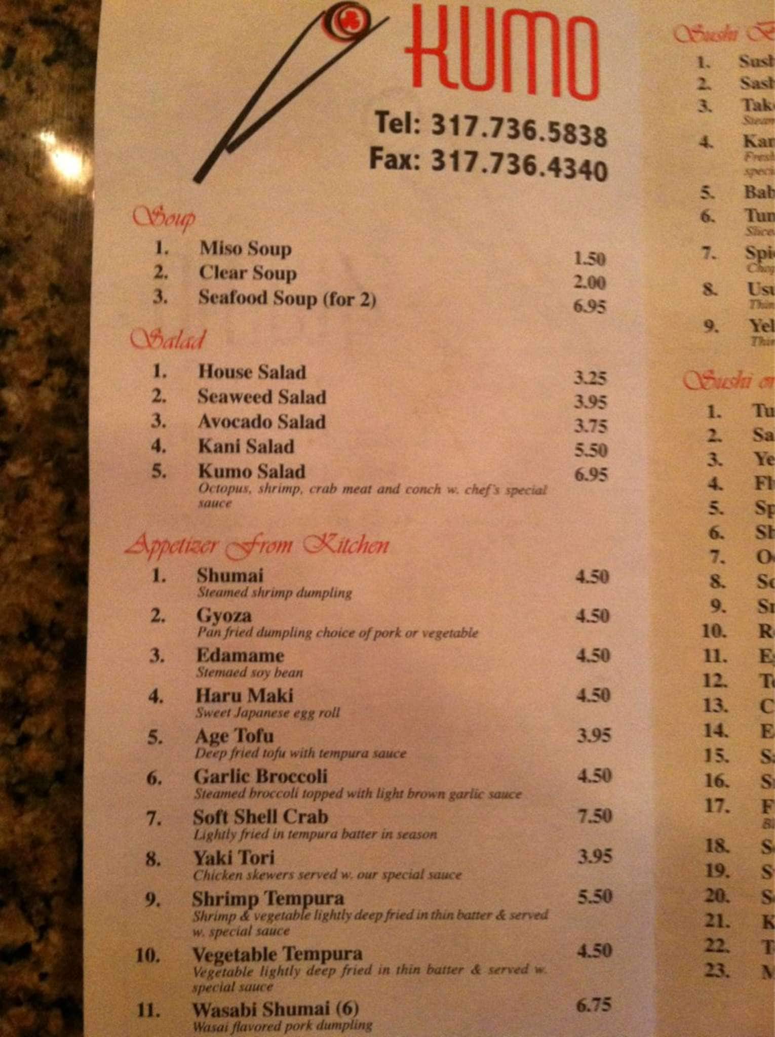 Menu at Kumo Japanese Steak House restaurant, Franklin