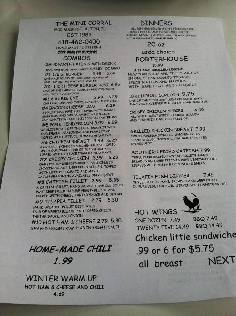 Menu at Mini Corral restaurant, Alton