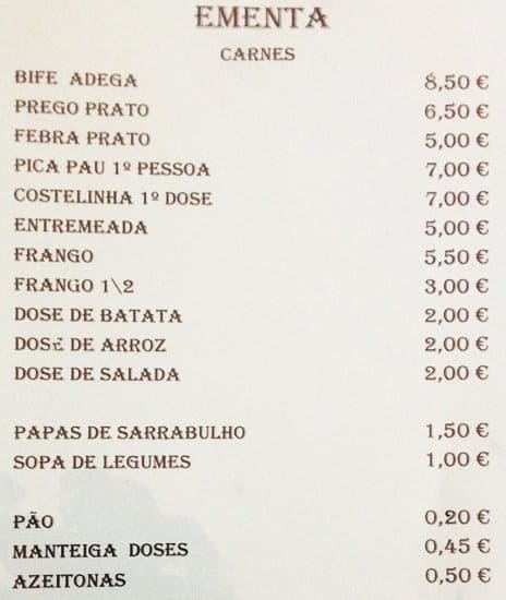 Menu at Churrasqueira Adega Amarela restaurant, Leça da Palmeira