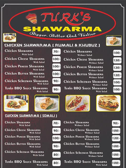 Menu at Turks Shawarma, Hyderabad