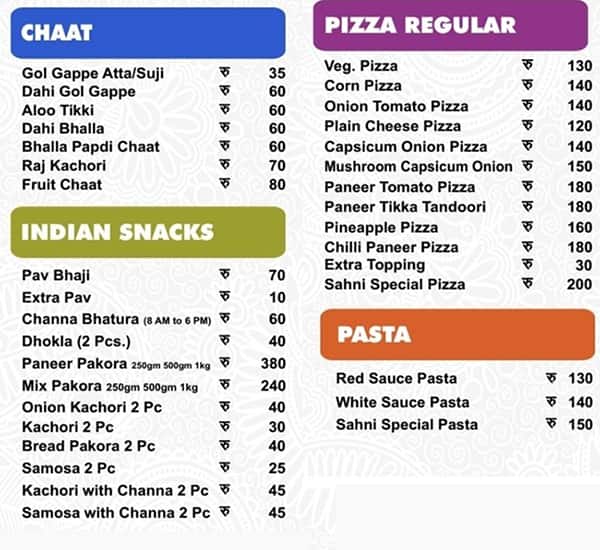 Menu of Sahni Bakery Sweets Restaurant, Nabha, Patiala