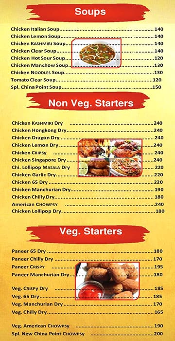 Menu of New China Point, Sion, Mumbai