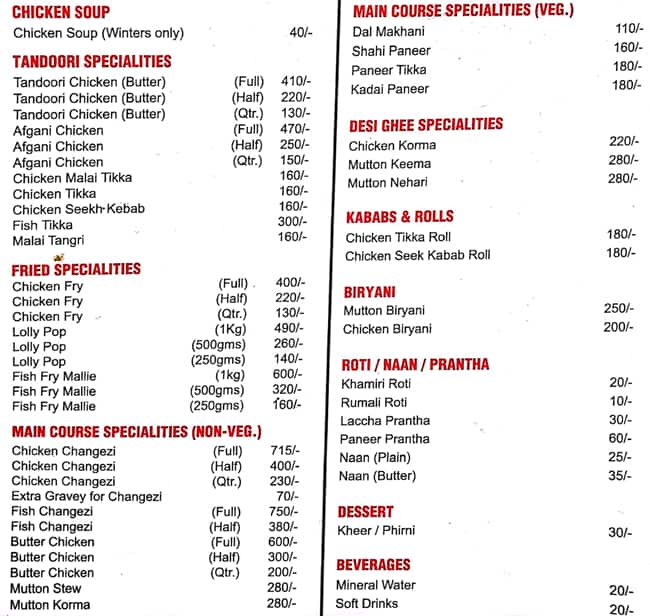 Menu of Changezi Chicken, Karol Bagh, New Delhi