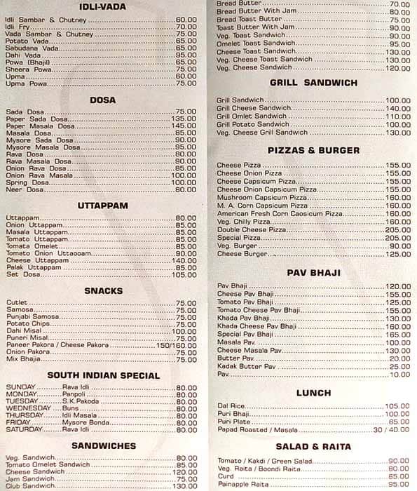 Menu of Sudarshan Veg Restaurant, Sakinaka, Mumbai