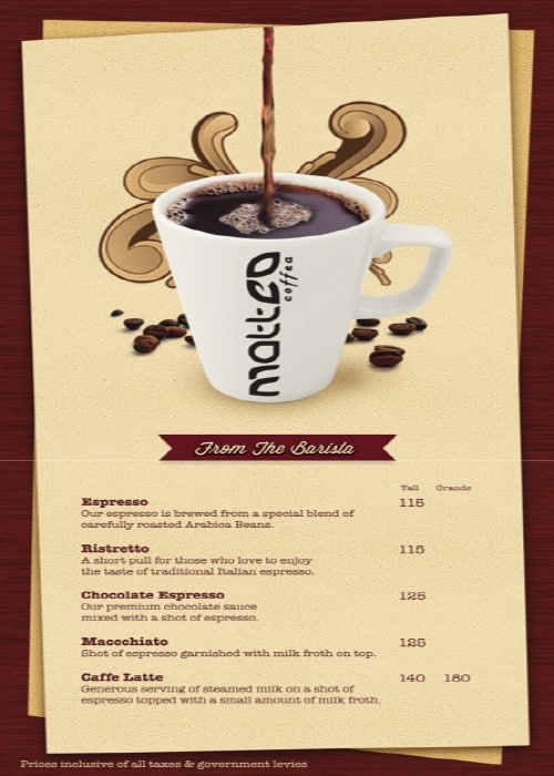 Menu of Matteo Coffea, Indiranagar, Bangalore