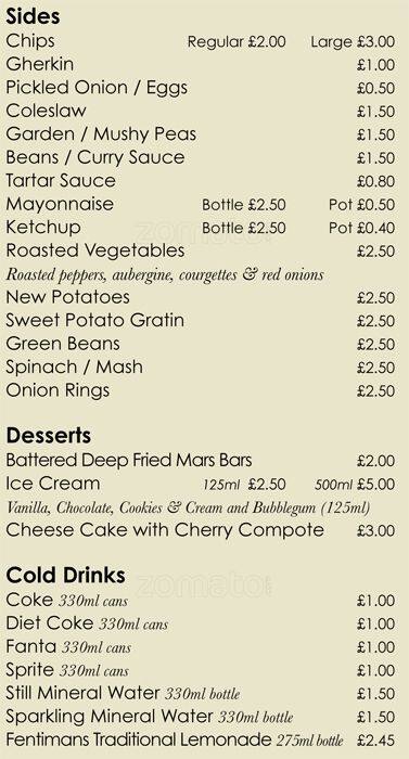 Menu at Oliver's Fish & Chips fast food, London, 95 Haverstock Hill