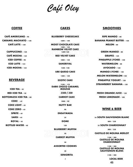 Menu at Cafe' Oley, Quezon City