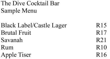Speisekarte von The Dive Cocktail Bar, Kapstadt