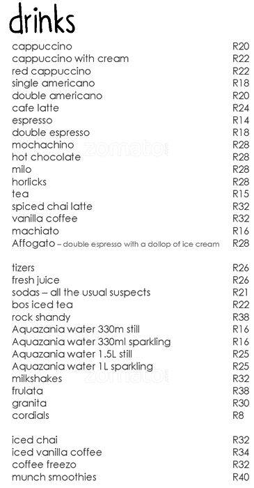 Menu au little munch Cafe, Randburg