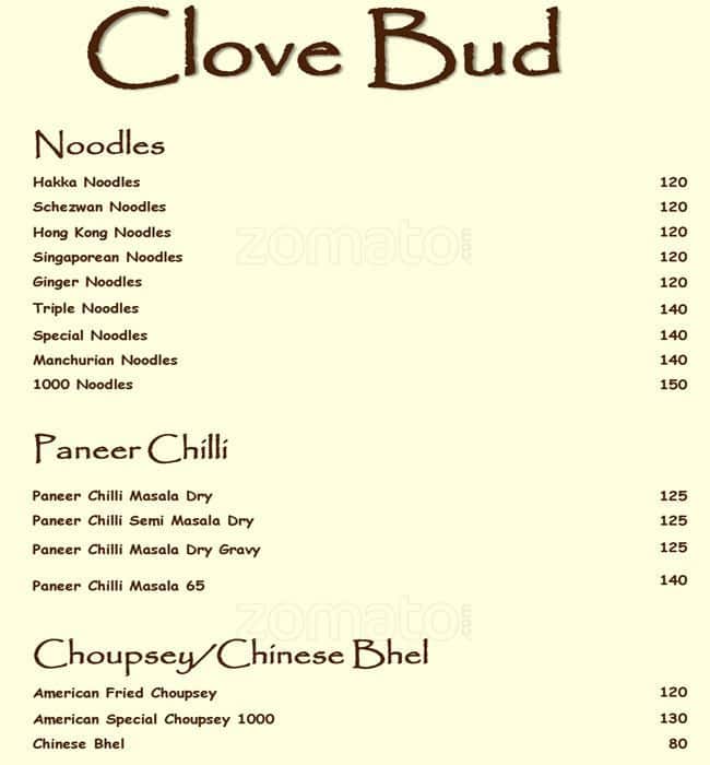 Menu at Clove Bud, Pune