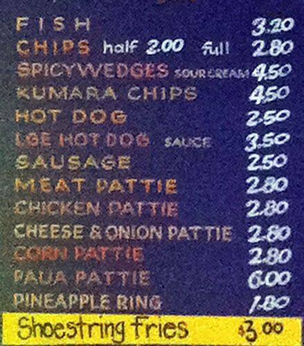 Menu at Red Snapper fast food, Christchurch