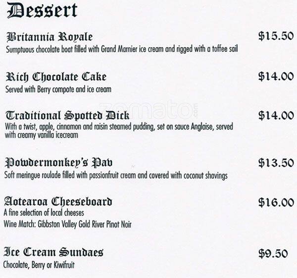 Menu at Britannia Restaurant, Queenstown