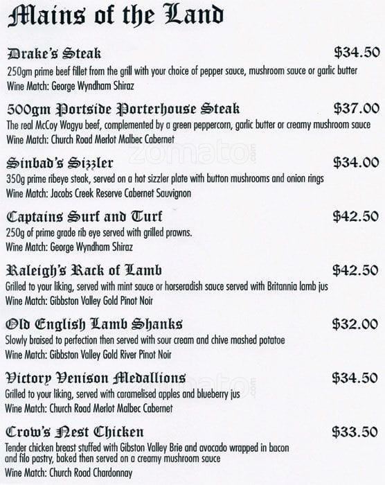 Menu at Britannia Restaurant, Queenstown