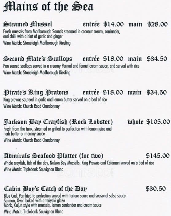 Carta de Britannia Restaurant, Queenstown
