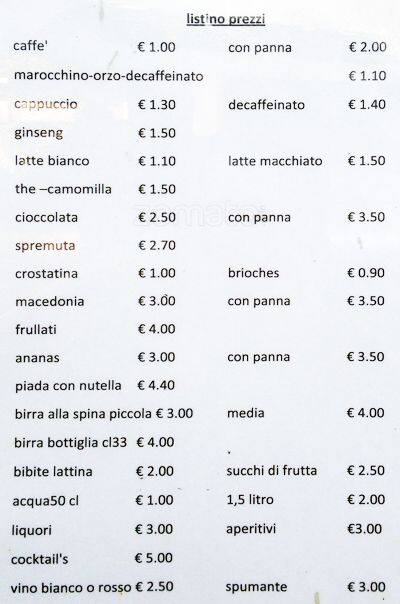 Menu at Ponte Vecchio cafe, Milan