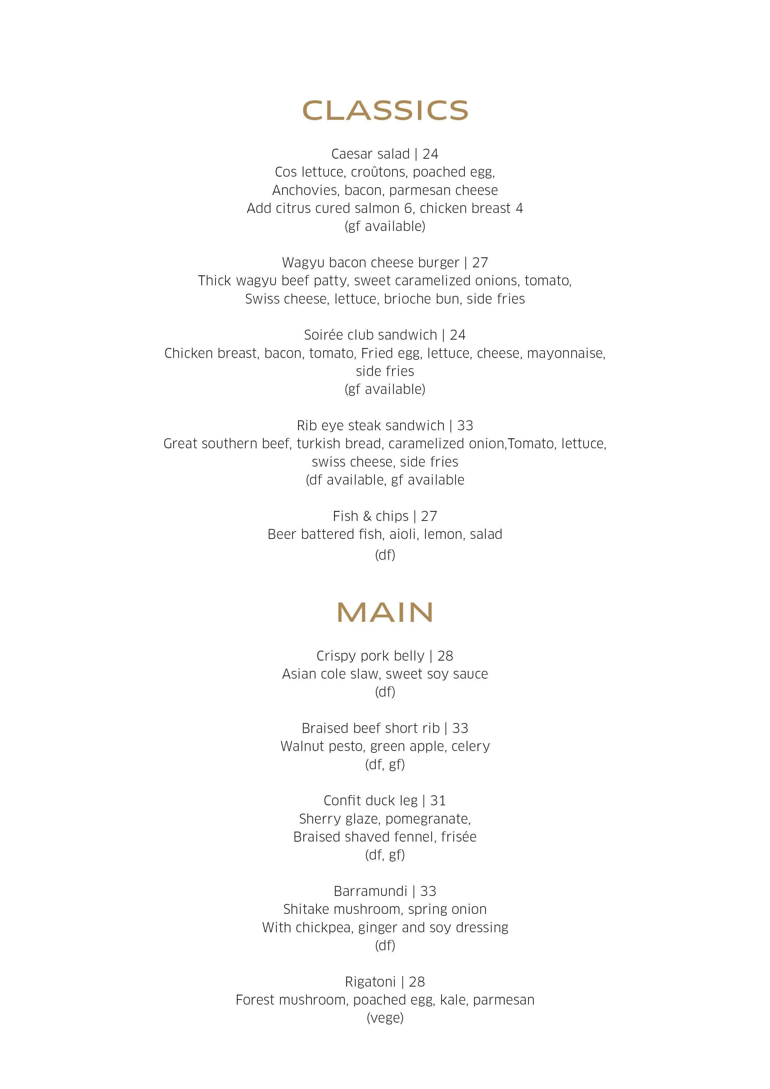 Menu at Soiree restaurant, Sydney