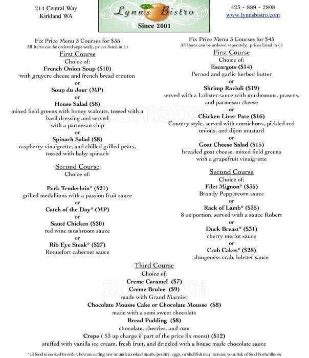 Menu at Lynn's Bistro restaurant, Kirkland