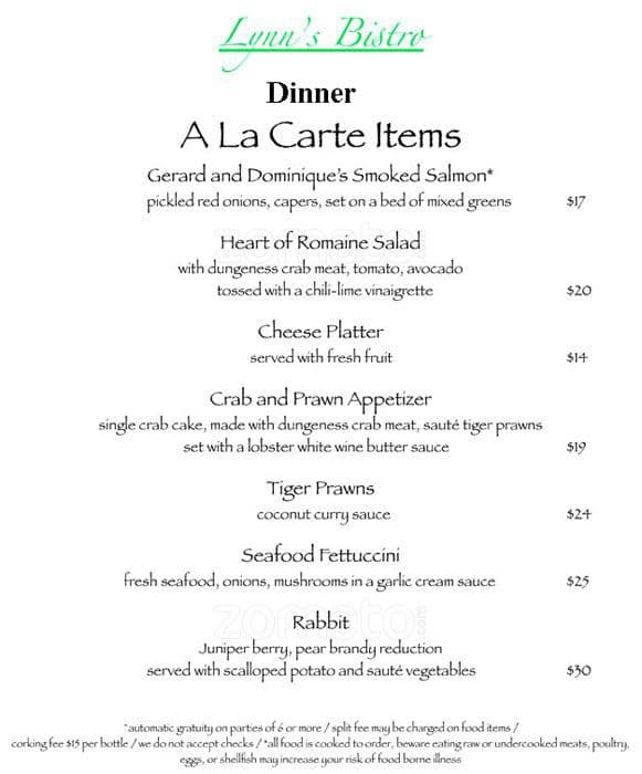 Menu at Lynn's Bistro restaurant, Kirkland