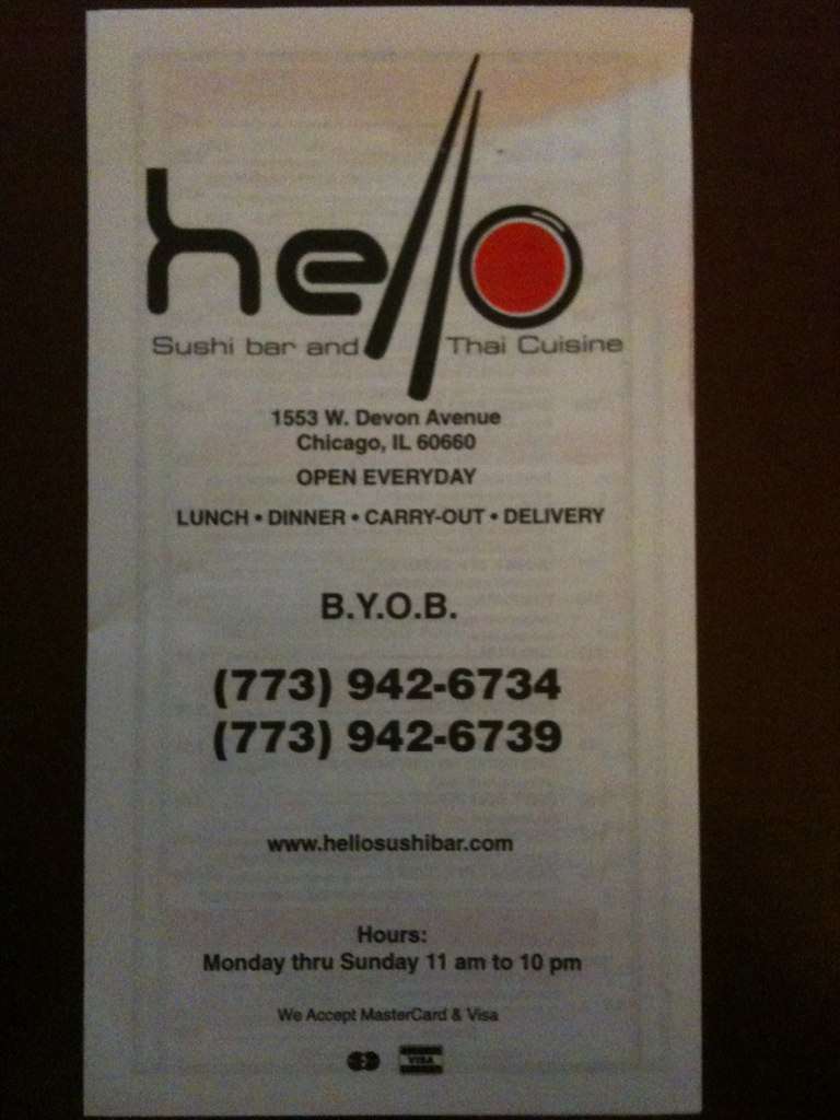 Menu at Hello Sushi restaurant, Chicago