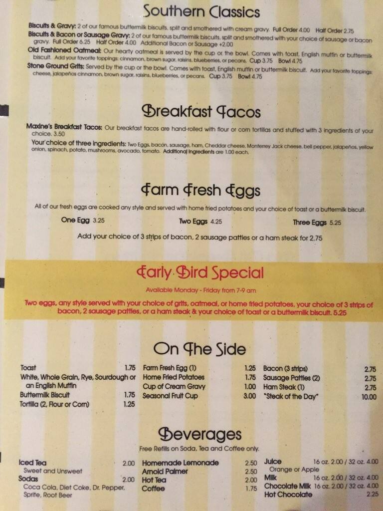 Menu at Maxine's Cafe & Bakery, Bastrop
