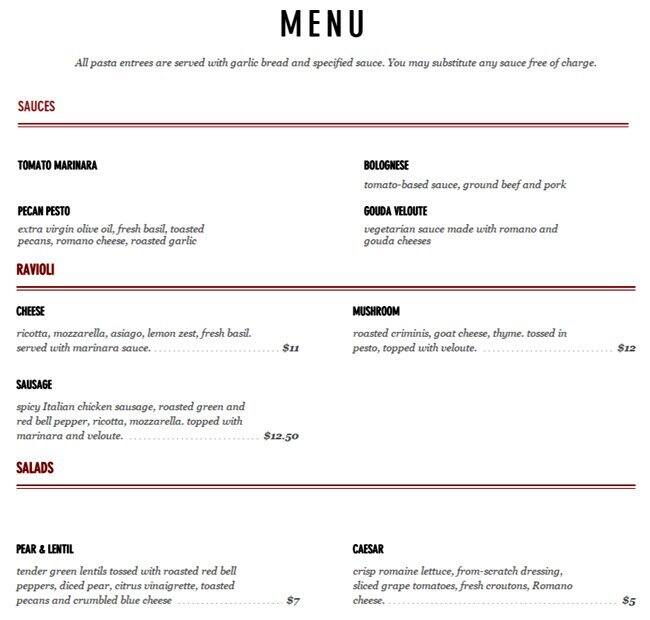 Menu at Regal Ravioli restaurant, Austin, S 1st St