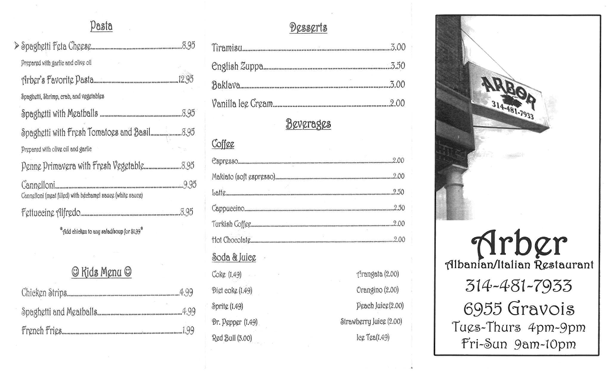 Menu at Arber Cafe, St. Louis