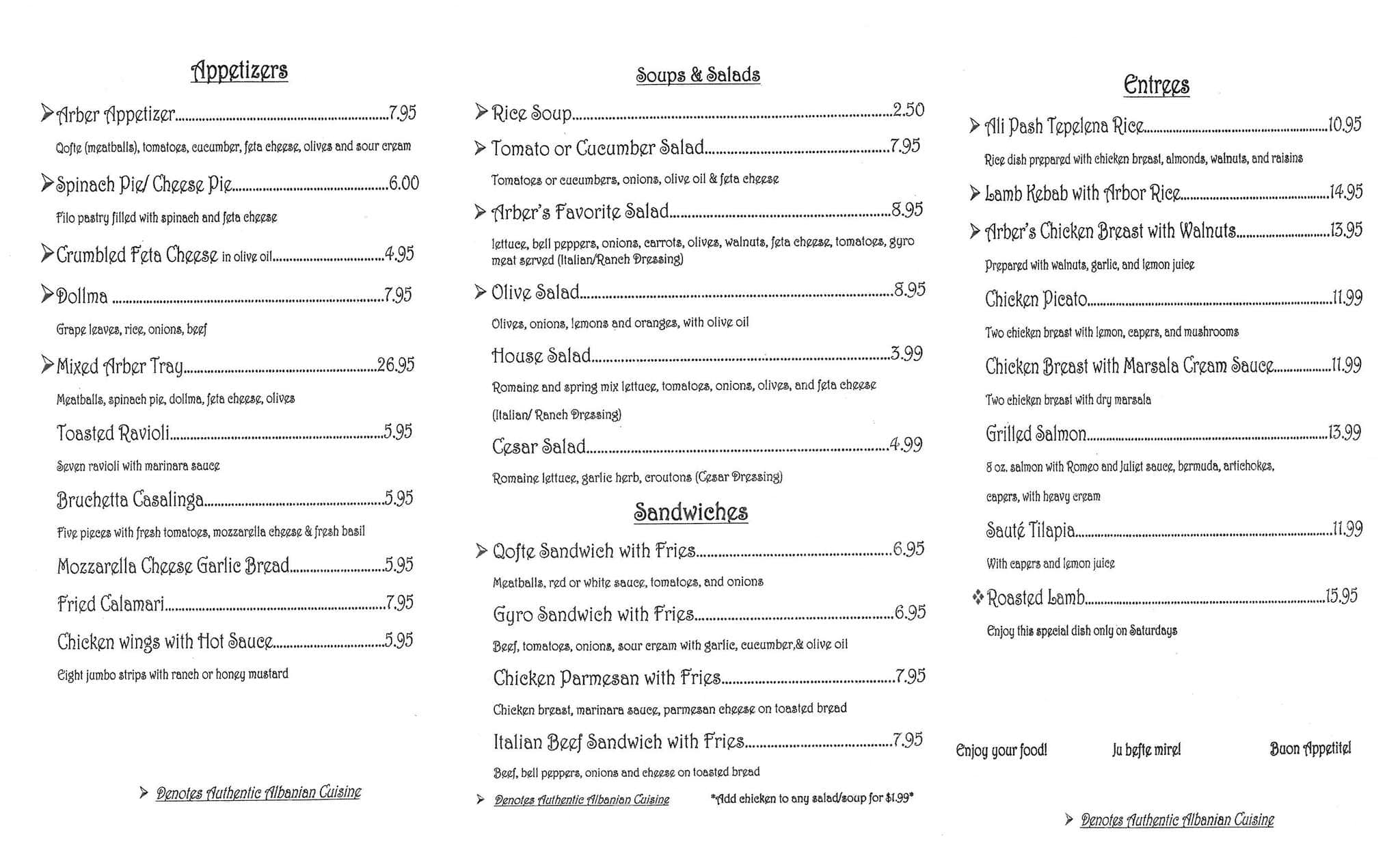 Menu at Arber Cafe, St. Louis