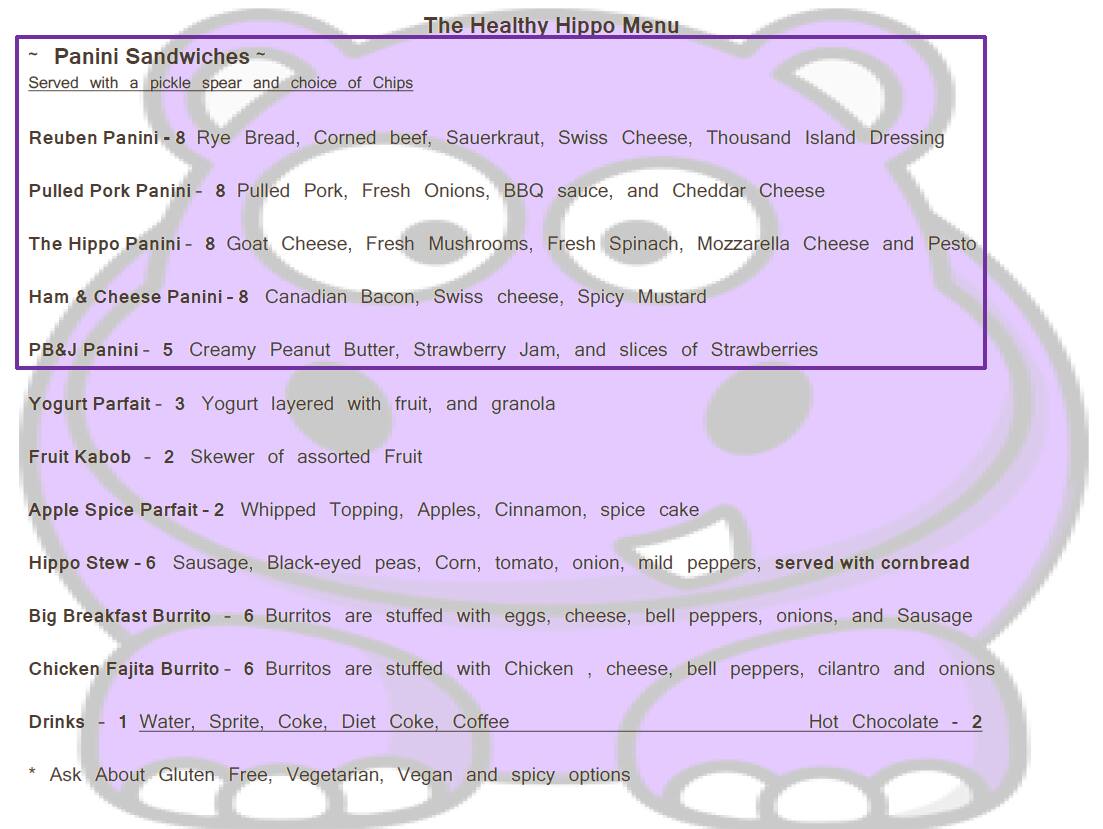 Menu at Healthy Hippo, Oklahoma City