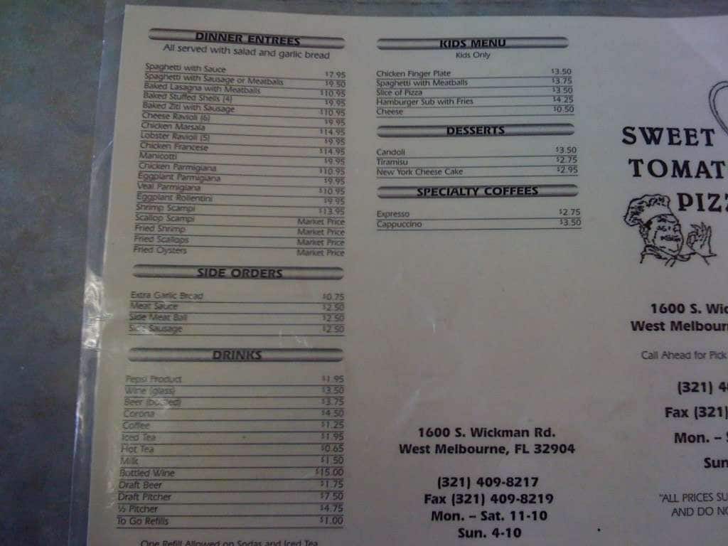 Menu at Sweet Tomatoes Pizzeria, Melbourne