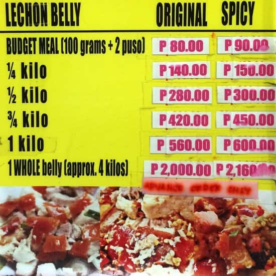 Menu at Cebu's Original Lechon Belly fast food, Cebu City, National Highway