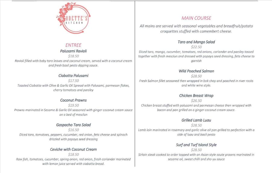 Menu at Odettes Kitchen restaurant, Papakura